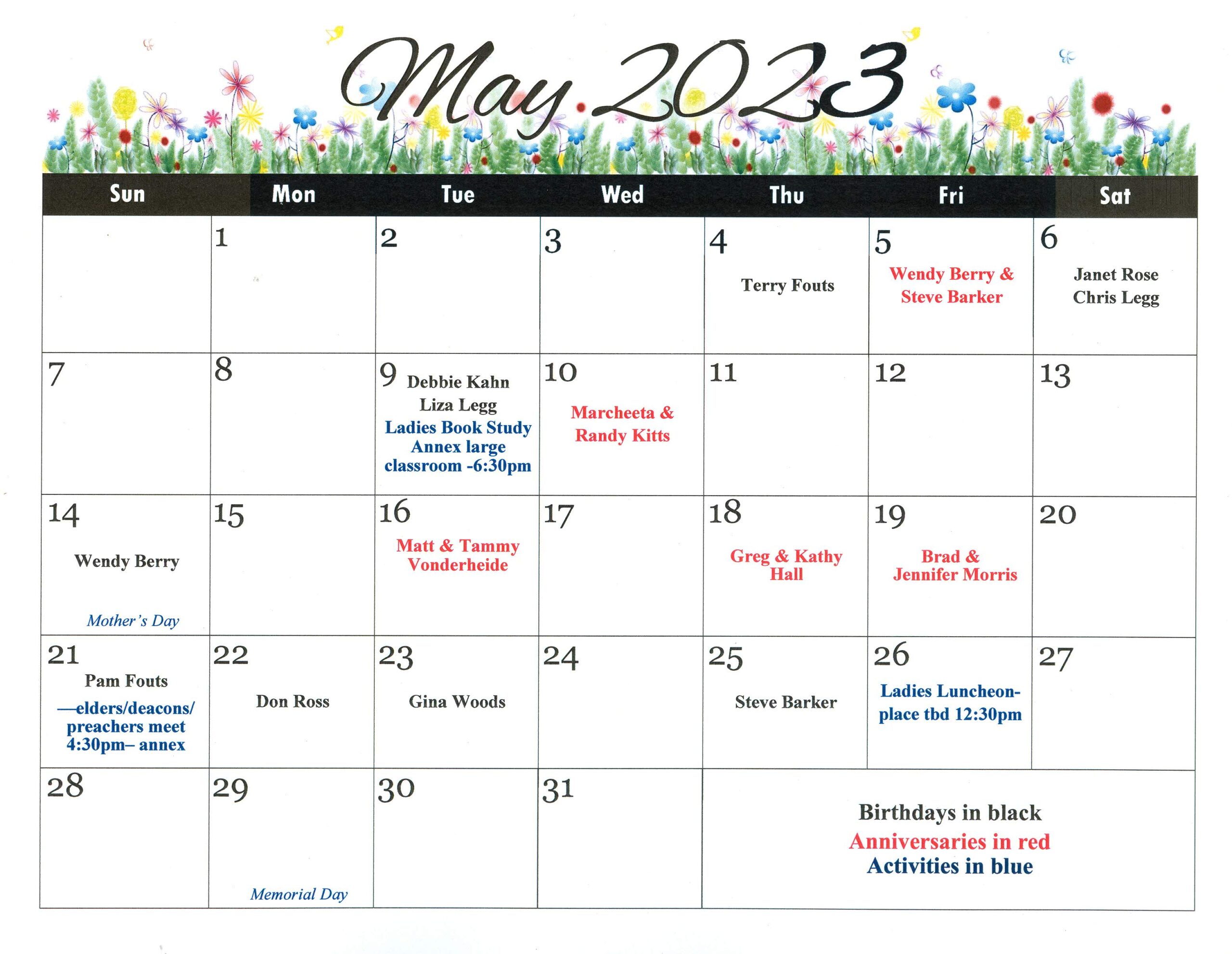 May 2023 Calendar - Flatwoods church of Christ