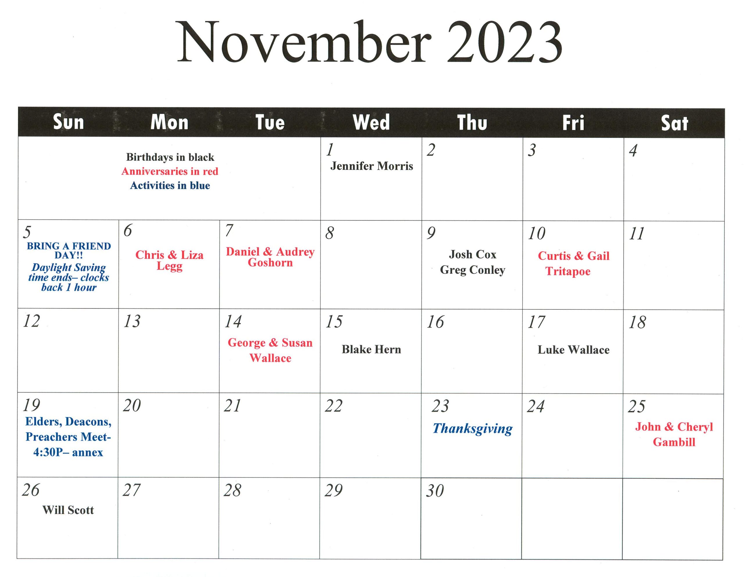 November 2023 Calendar - Flatwoods church of Christ