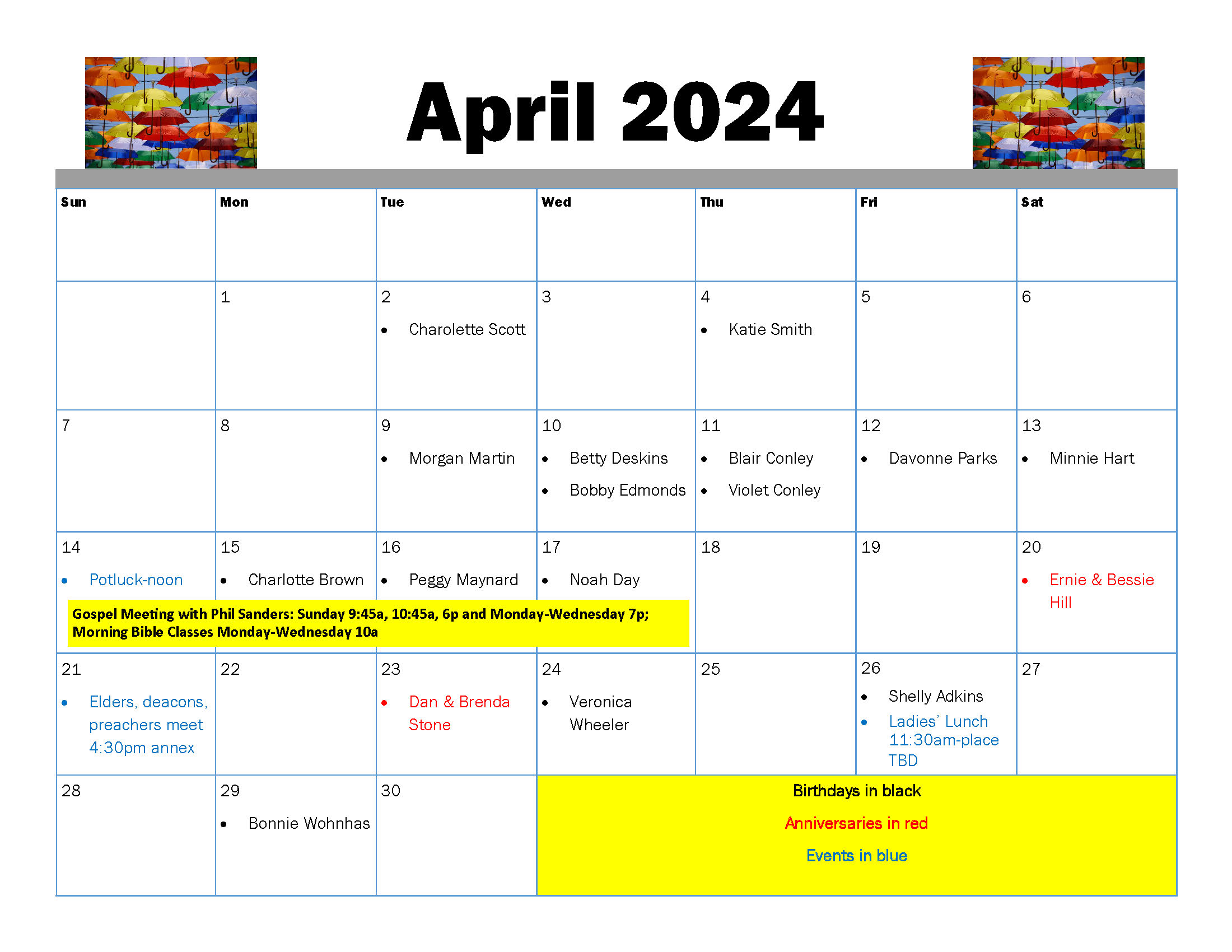 April 2024 Birthday and Event Calendar - Flatwoods church of Christ