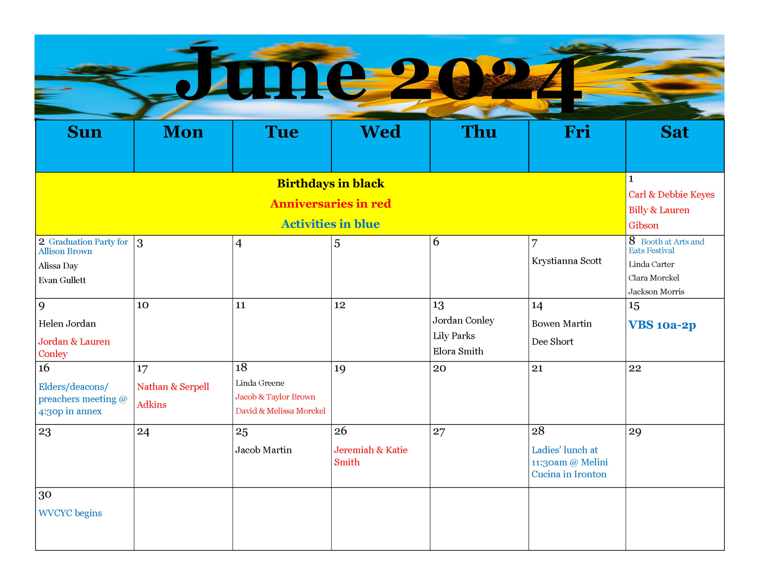 June 2024 Birthday and Event Calendar - Flatwoods church of Christ