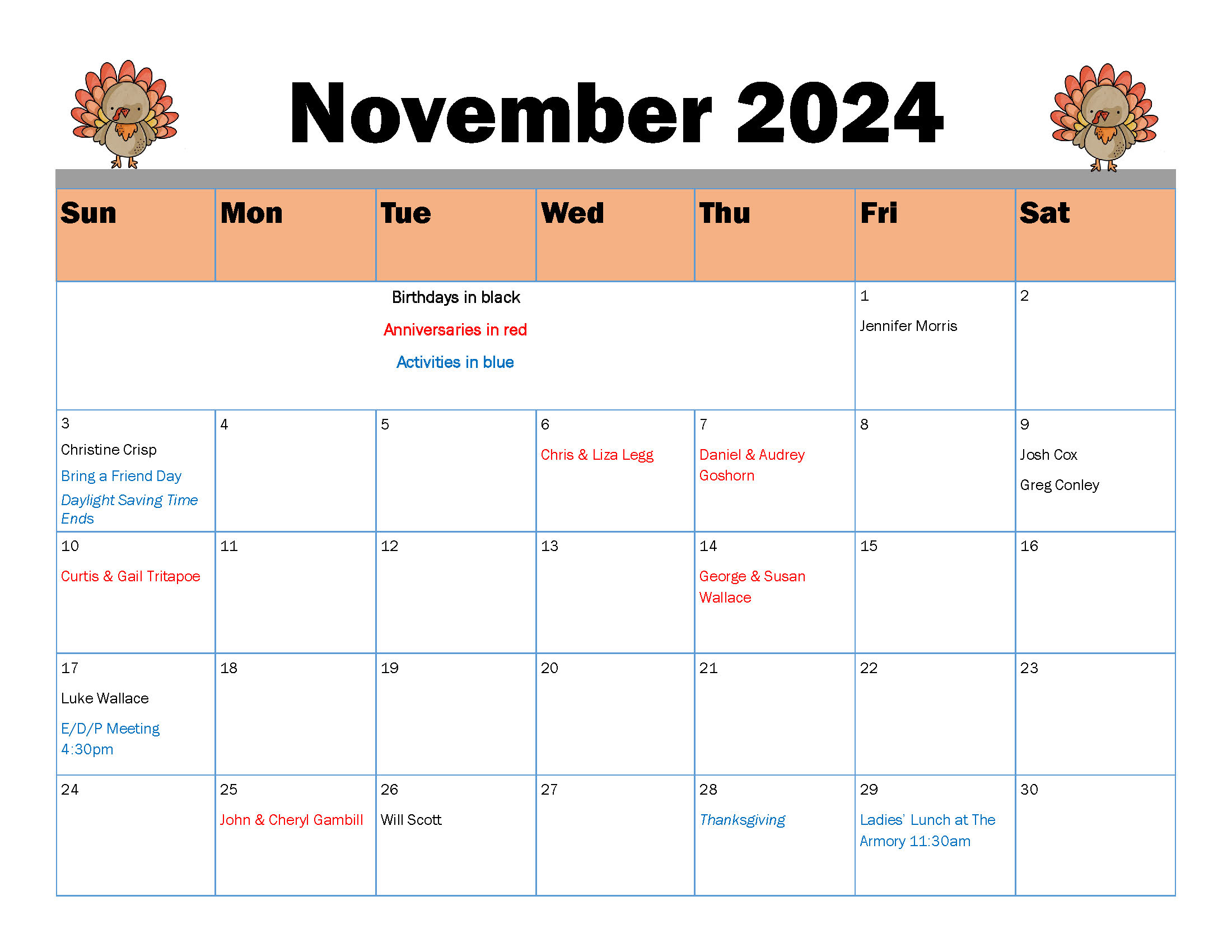 November 2024 Birthday and Event Calendar - Flatwoods church of Christ
