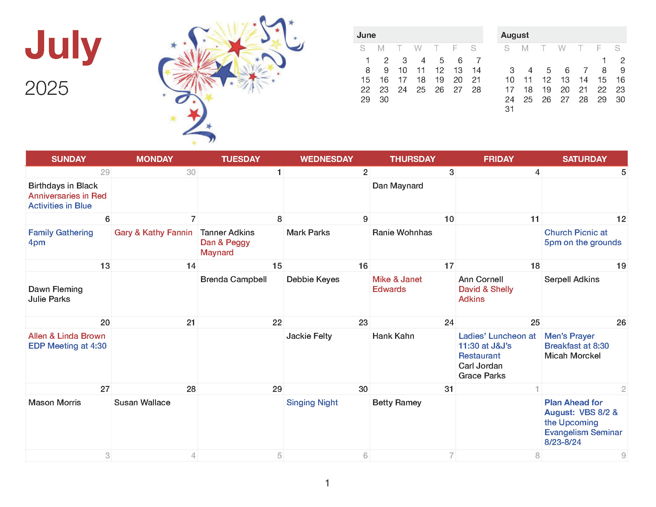 Birthday and Events Calendar July 2025 - Flatwoods church of Christ