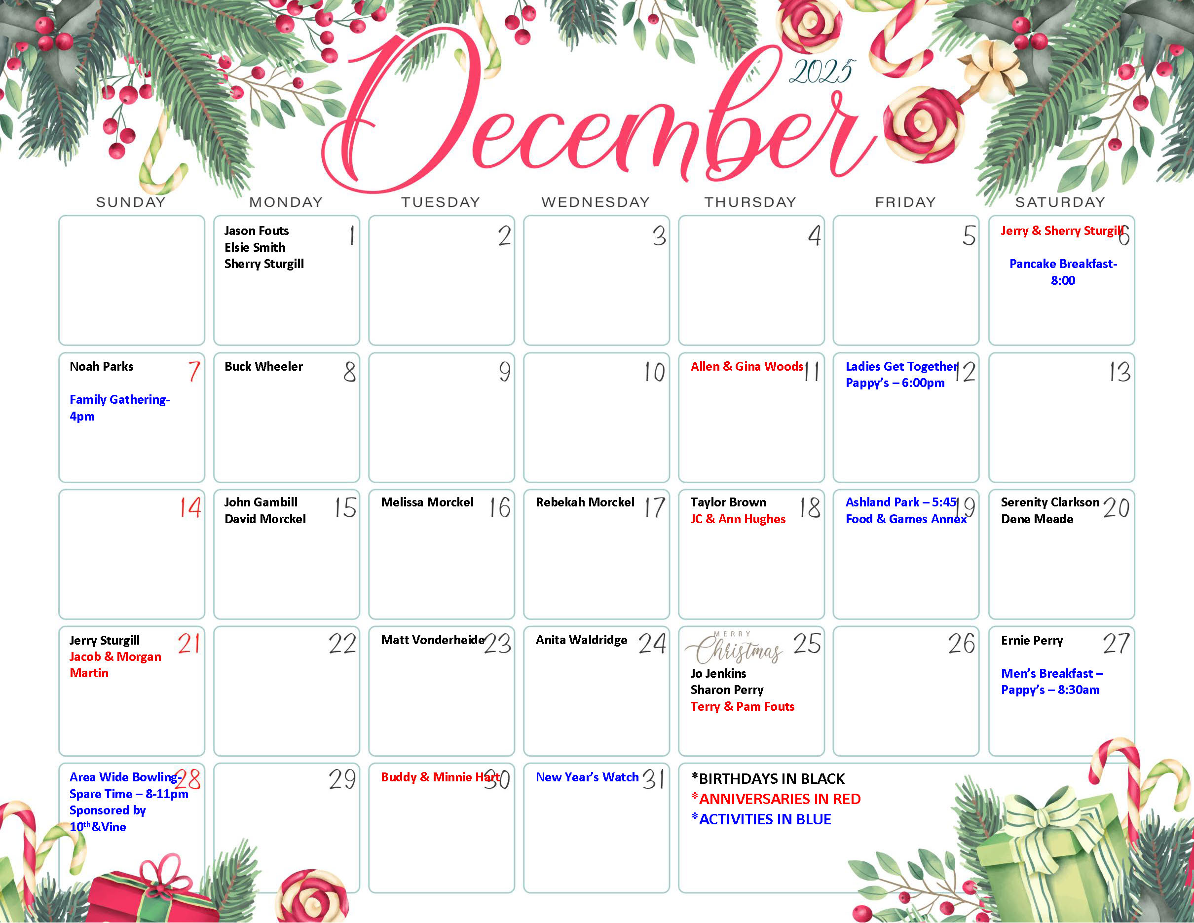 December 2025 Birthday and Event Calendar - Flatwoods church of Christ